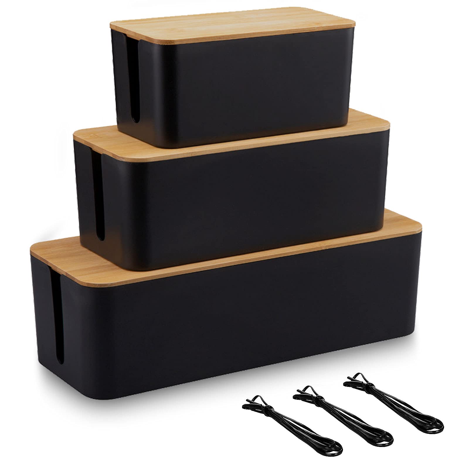 EVADOW Set of 3 Cable Management Box with Bamboo Lid, Black Wire Core ...