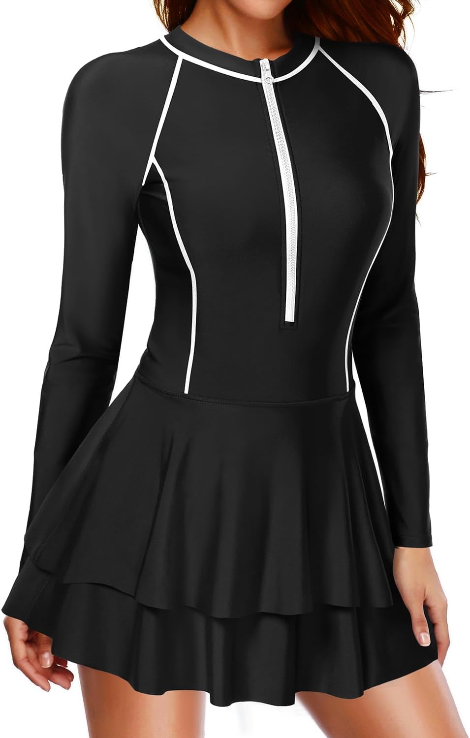 Daci Women Black Long Sleeve One Piece Rash Guard Modest Swimsuits ...