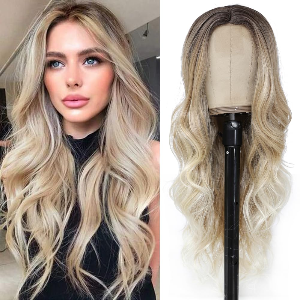 Amazon.com : Long Wavy Lace Middle Part Wig for Women, Ombre Blonde ...