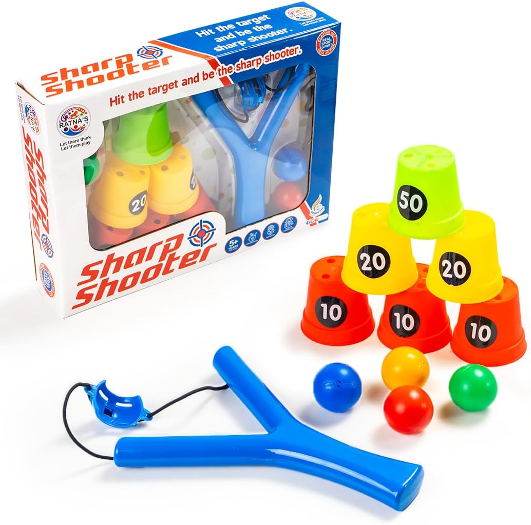 Ratna's Sharp Shooter with 6 Plastic Cup Targets & 4 Balls, Slingshot ...
