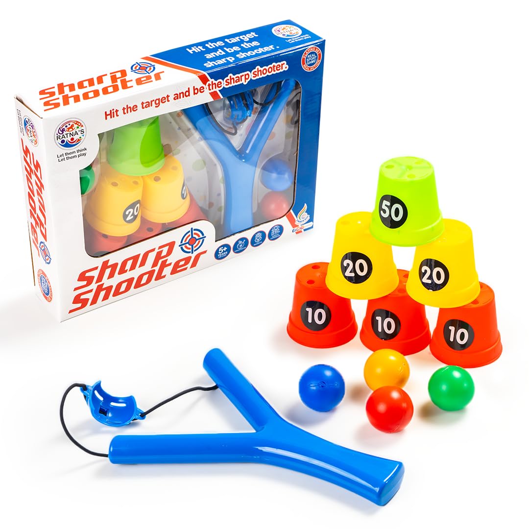 Ratna's Sharp Shooter with 6 Plastic Cup Targets & 4 Balls, Slingshot ...