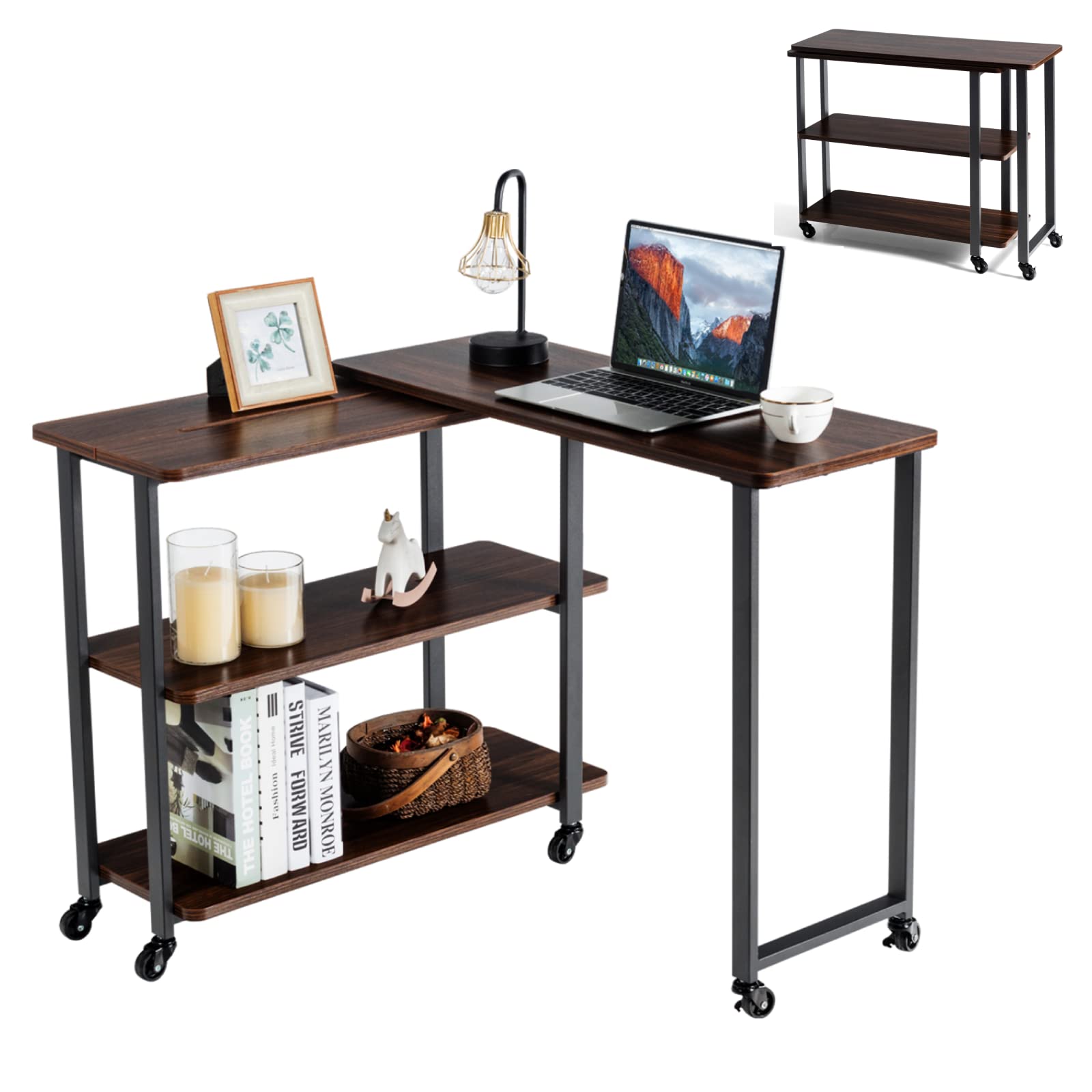 SFAREST Rolling Computer Desk, L-Shaped Corner Side Table with 3 Tiers Storage Shelves, 360 ...