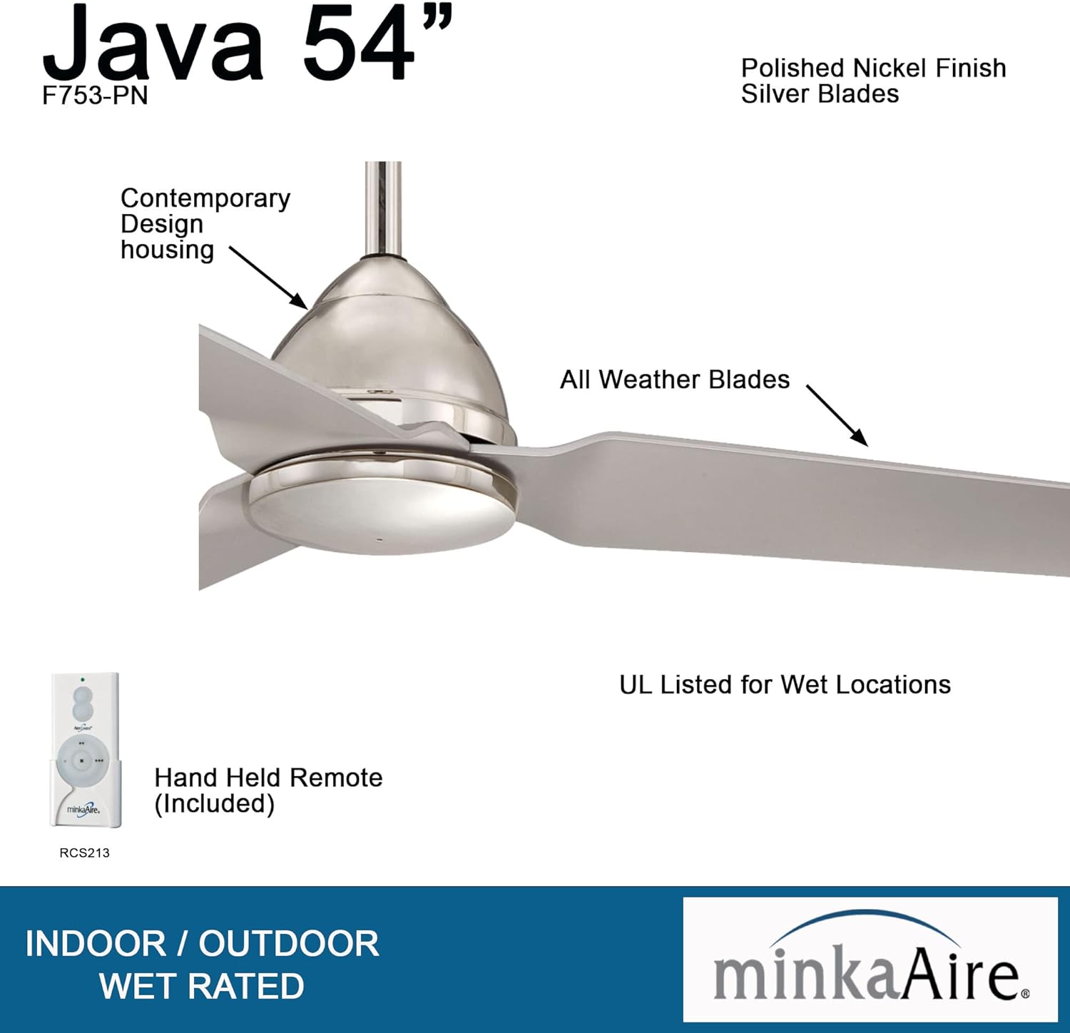 Minka-Aire F753-PN, Java 54" Ceiling Fan & Remote Control, Polished ...