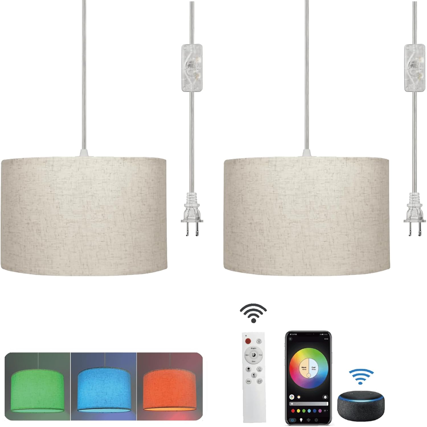 Hanging Lamp Plug in Pendant Light 2 Pack with Remote Control, 15Ft ...