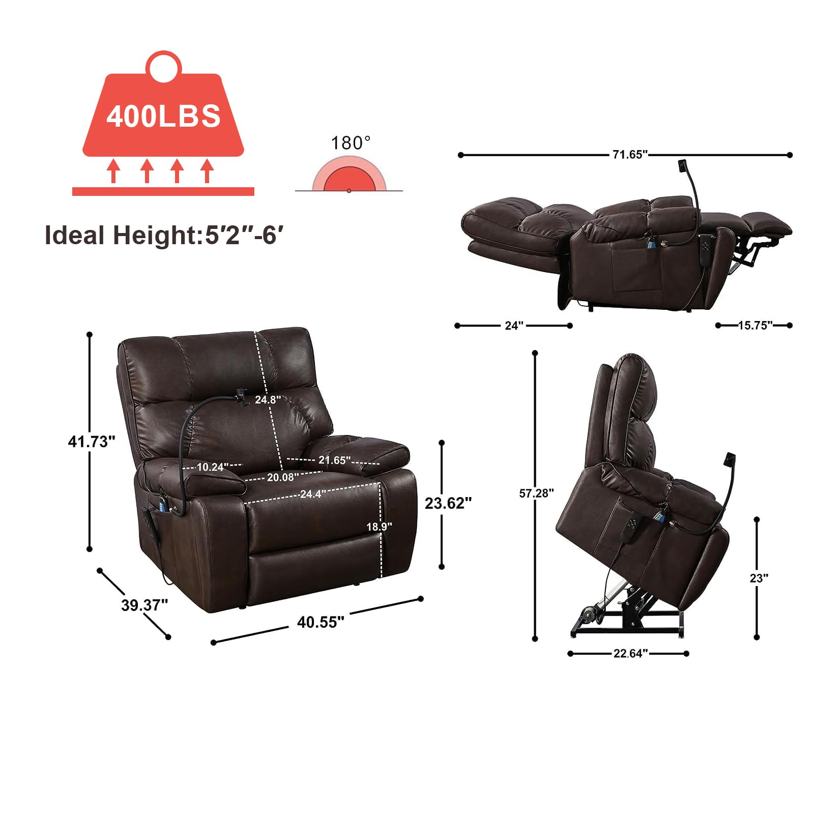 Large Dual Motor Power Lift Chairs Recliners for Elderly 180 Degrees ...