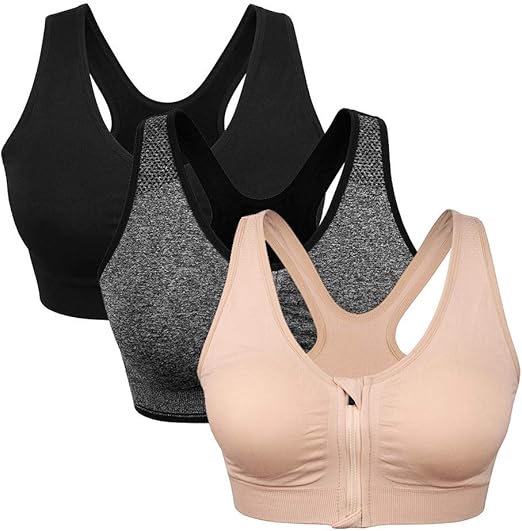 Women's Zip Front Sports Bra Wireless Post-Surgery Bra Active Yoga ...