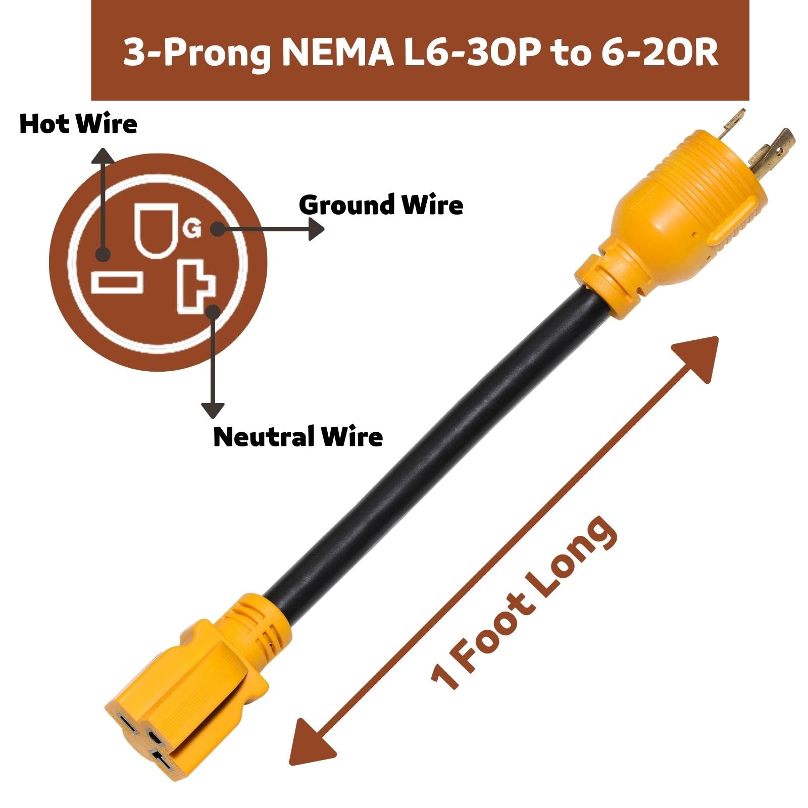 MECMO NEMA L6-30P to 6-20R Generator to EV Charger AC Power Cord Adapter, UL Listed 3-Prong NEMA ...