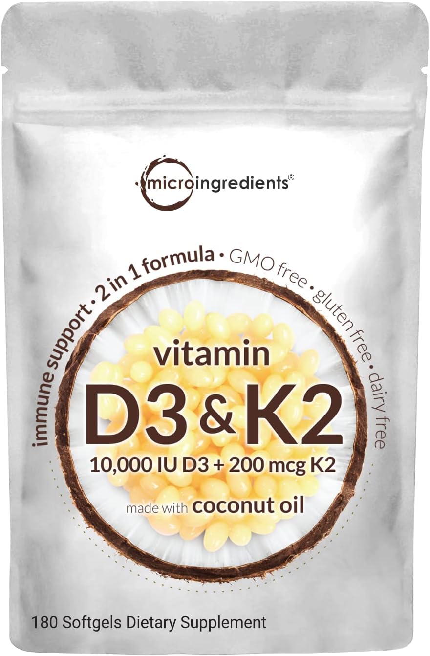 Amazon.com: Vitamina D3 10000 iu Plus K2 (MK-7) 200 mcg, 180 cápsulas blandas de aceite de coco ...