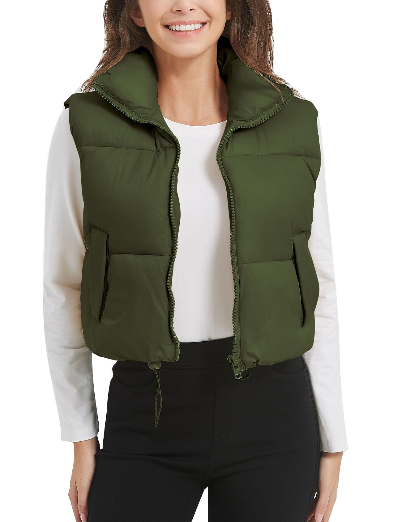 Flygo Puffer Vest Women Cropped Vest Zip Up Stand Collar Sleeveless Lightweight Winter Down ...