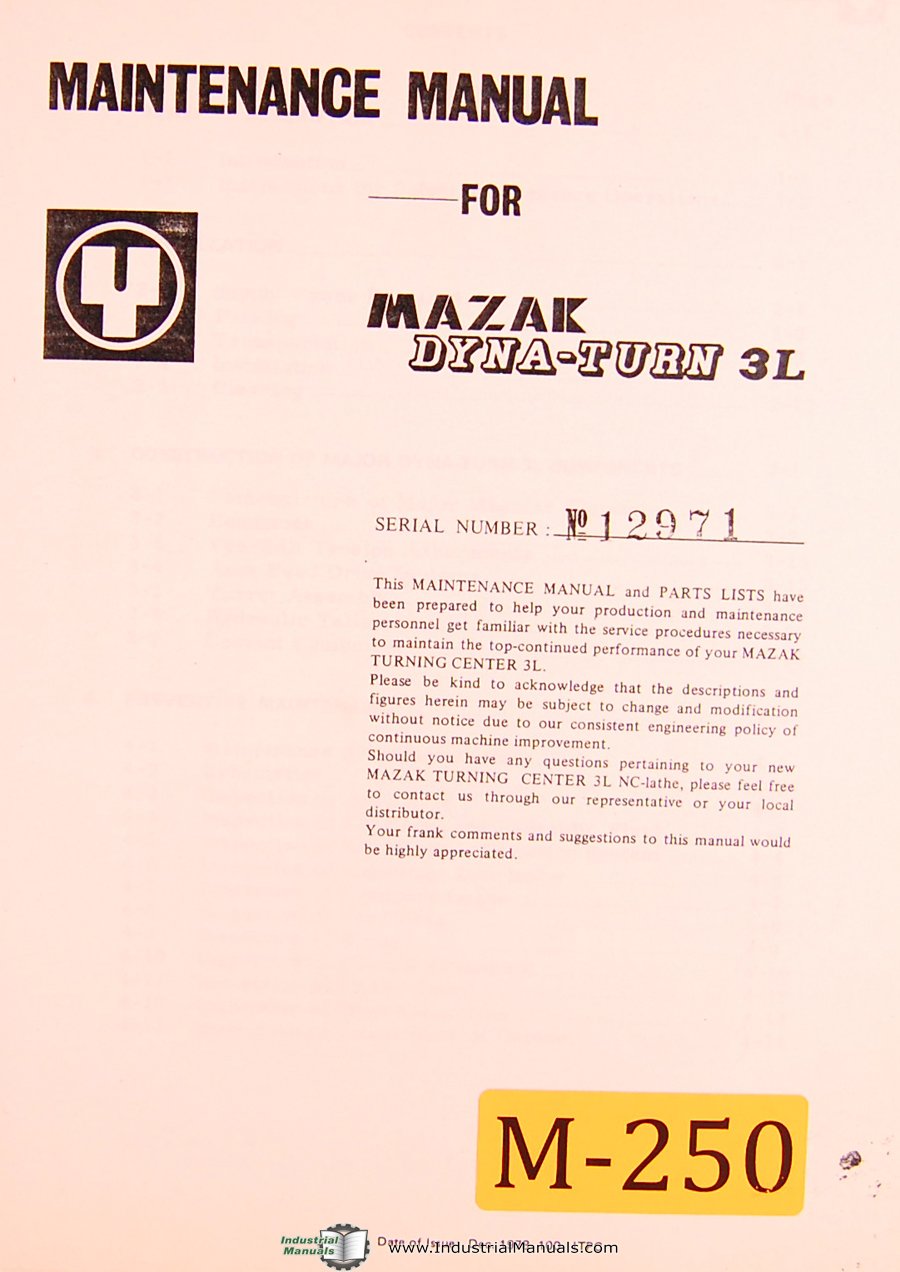Mazak Dyna-turn 3L, NC Lathe Turning Center, Maintenance and Parts List ...