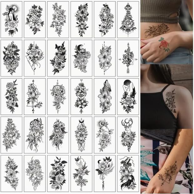 Amazon.com : Temporary Tattoos: Long-Lasting Black Flower Stickers for ...