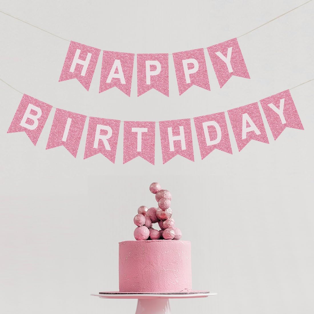 Cartel de feliz cumpleaños de tela, cartel de cumpleaños rosa con purpurina premontada para ...