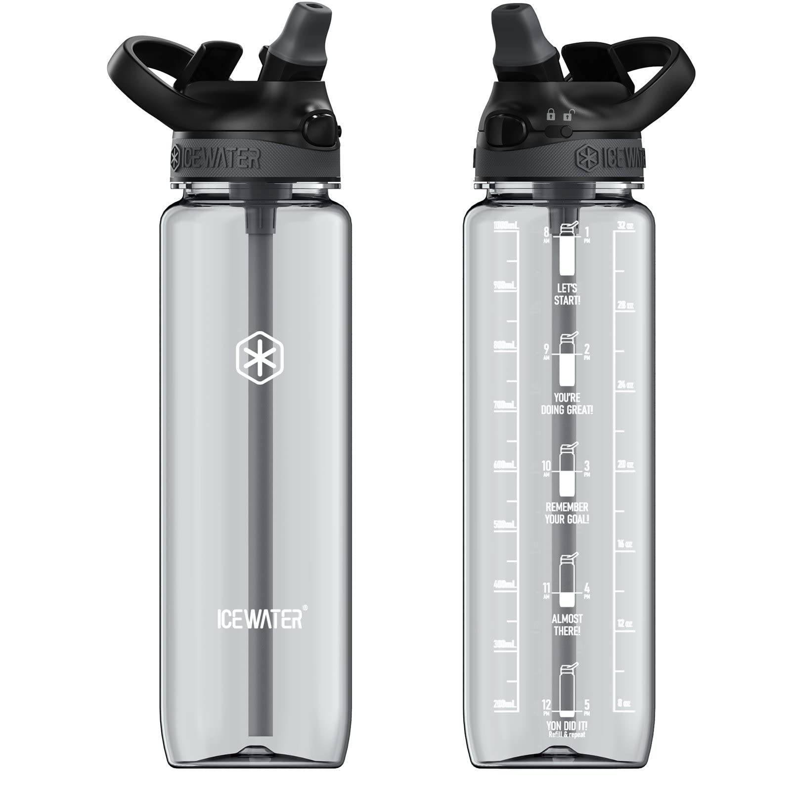 ICEWATER 32 Oz Water Bottle With Auto Straw Lid Motivational Sports