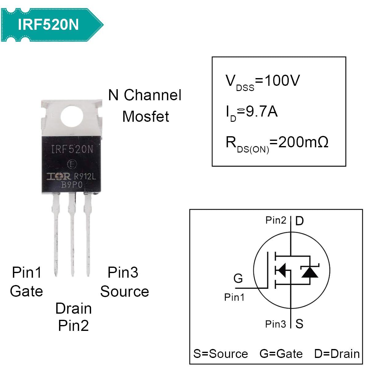 Snapklik.com : DAOKAI IRF520N Mosfet Transistor N-Channel 9.7A 100V ...
