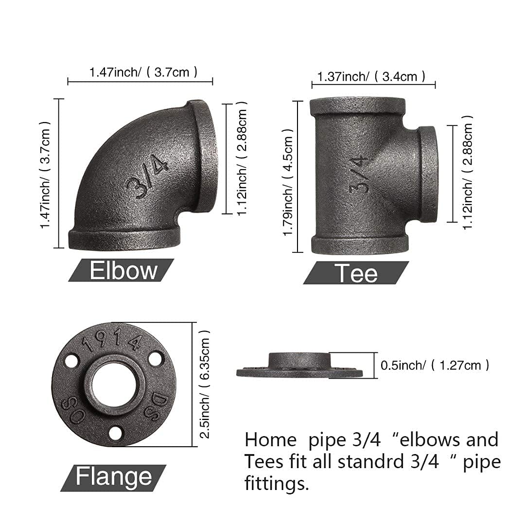 TIRDITY Pipe Shelf Brackets - 8 Pcs 3/4" Pipe Fittings, Black Floor ...