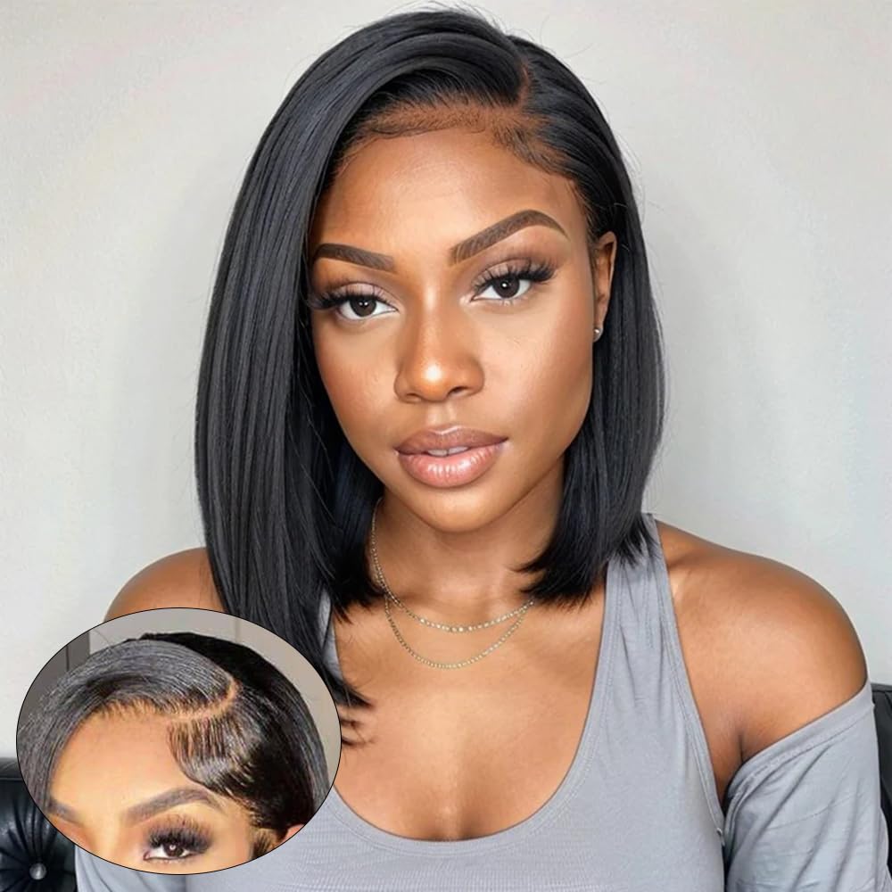 Amazon.com : BLY 13x6 HD Lace Front Bob Wig 10 Inch C Part Short Straight Human Hair Wigs Side ...
