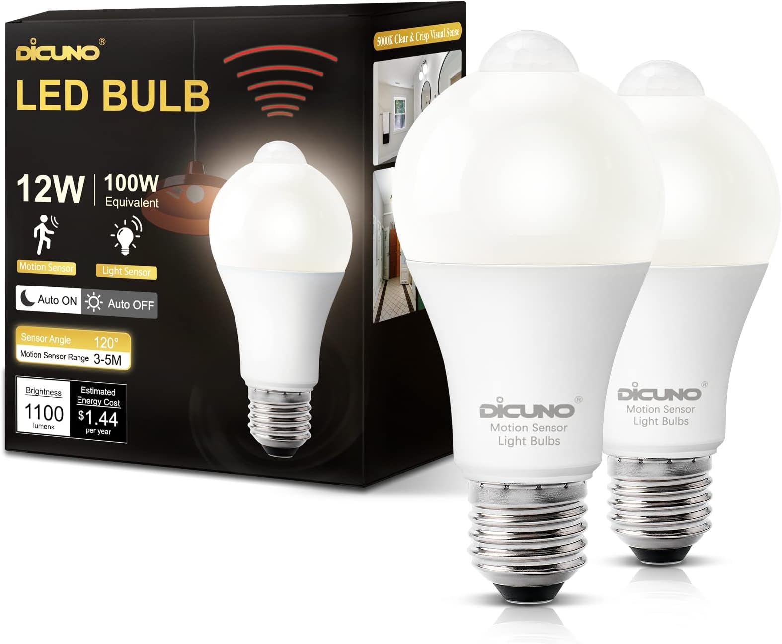 DiCUNO Motion Sensor Light Bulbs, PIR Motion Detector Bulb, 12W(100W ...