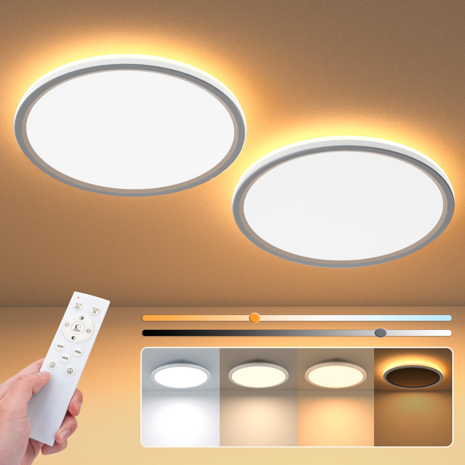 NIORSUN 12 Inch LED Ceiling Light with Night Light 1800K, 2 Pack 3000K ...