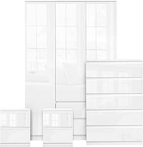 High Gloss Bedroom Wardrobe sets with 3 Door Wardrobe & 5 Drawer Chest ...