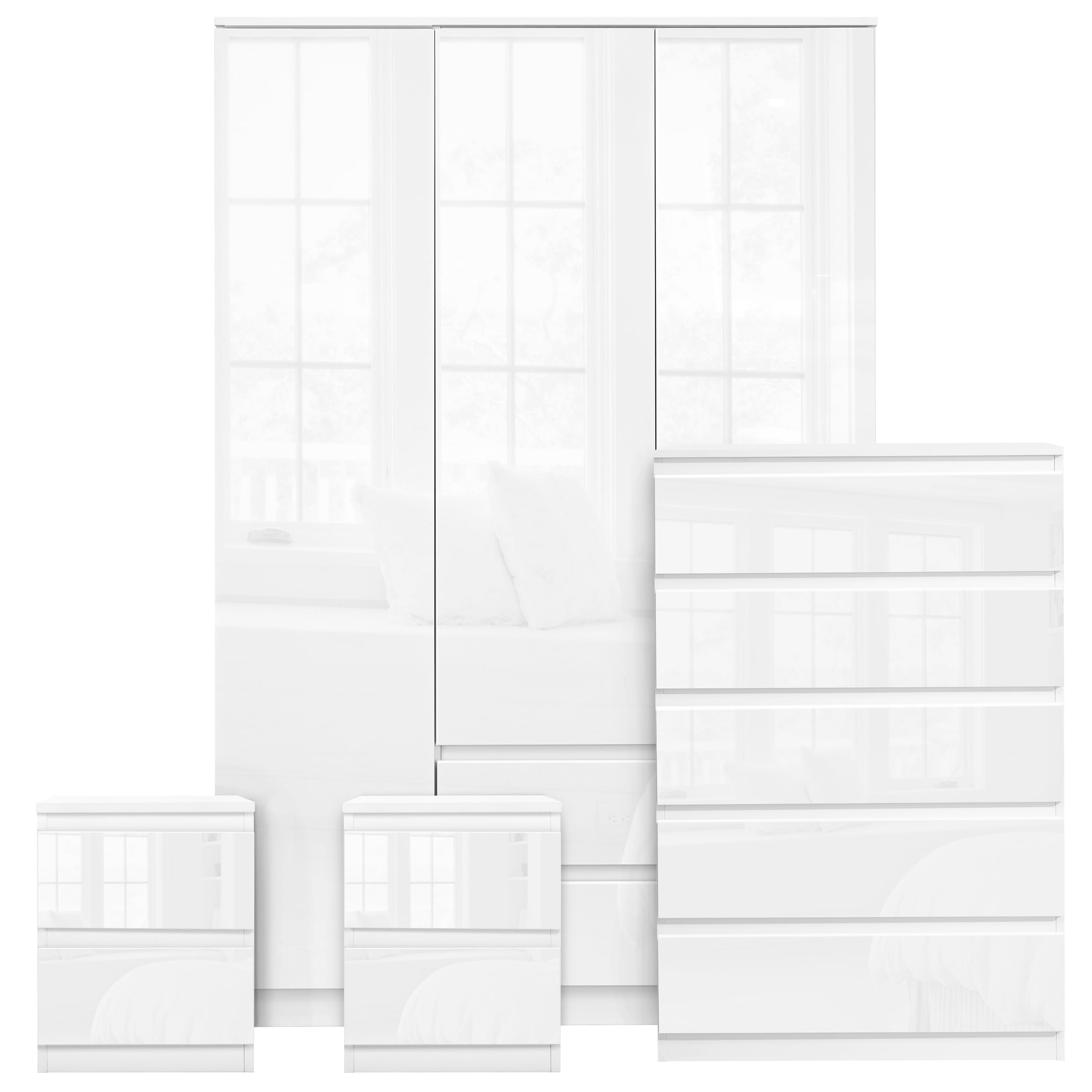 High Gloss Bedroom Wardrobe sets with 3 Door Wardrobe & 5 Drawer Chest ...