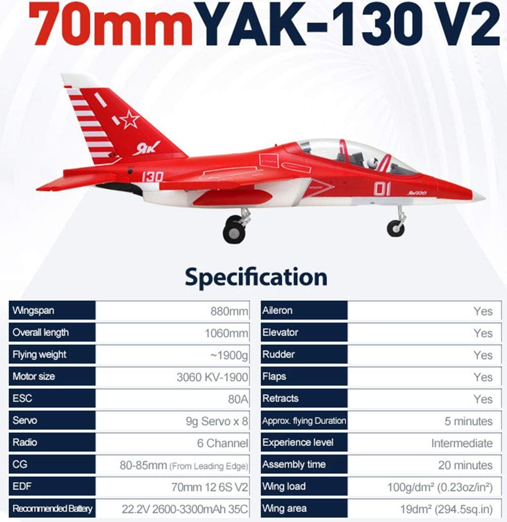 Fms Rc Plane for Adults Hobby Airplane 70mm Ducted Fan EDF Yak-130 V2 Red Super Scale RC ...