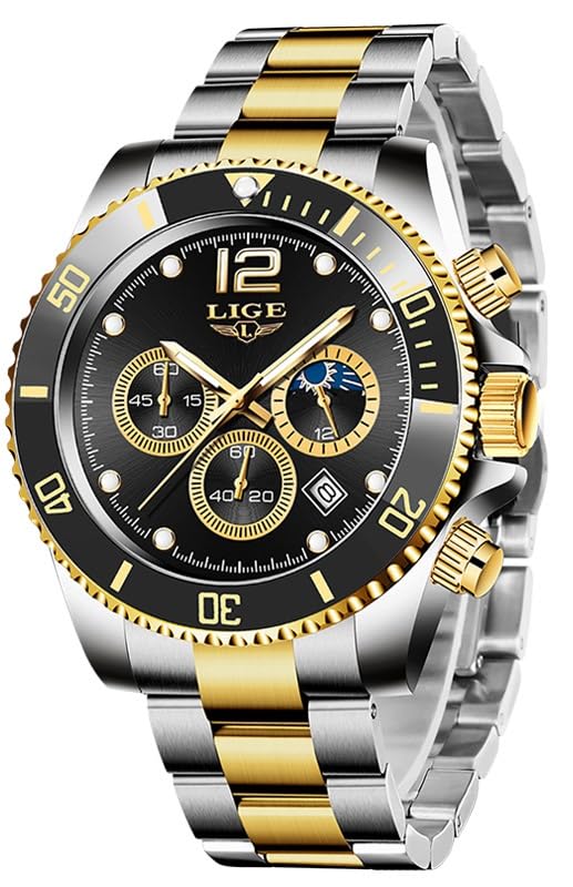 Buy LIGE Men's Watch Chronograph Rotating Bazel Sun & Moon, Dual Tone ...