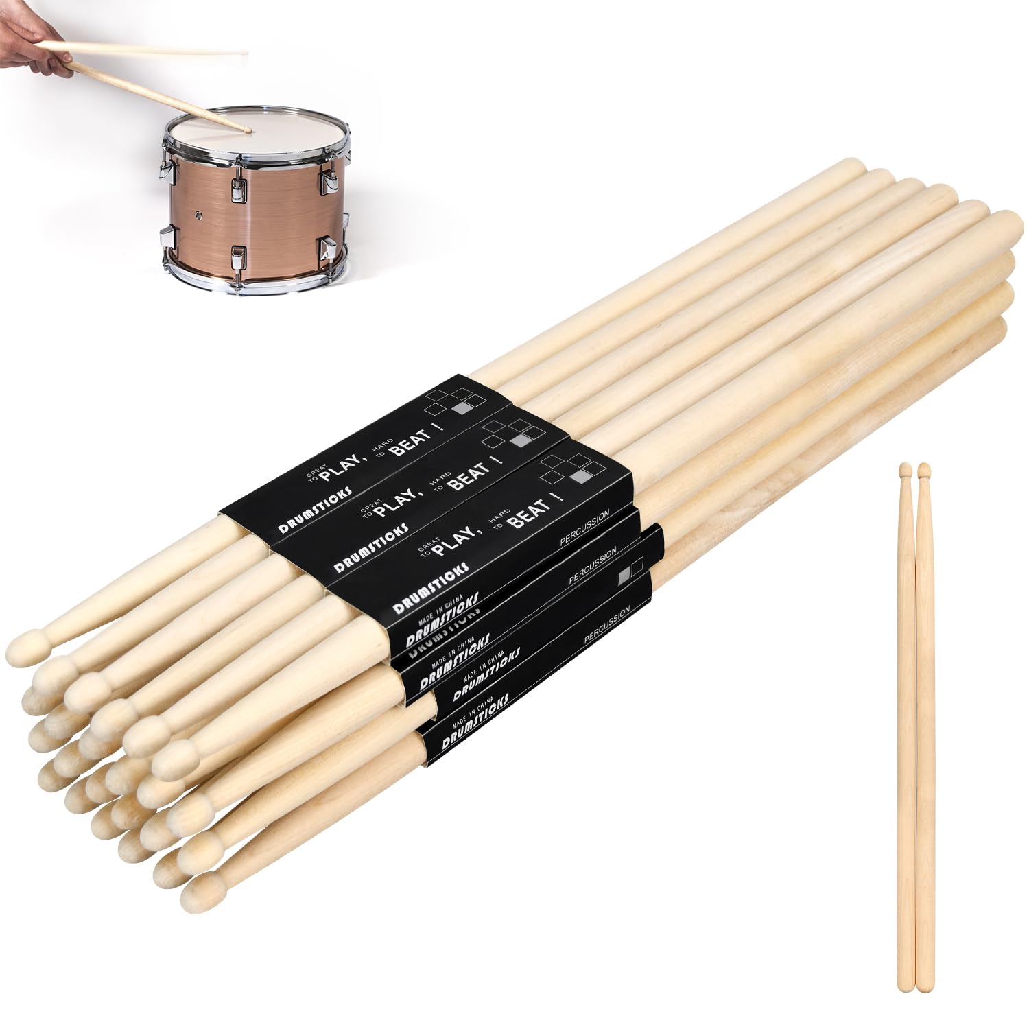 Snapklik.com : 12 Pairs 5A Drum Sticks, Oval Wood Tip Non-slip Drum ...