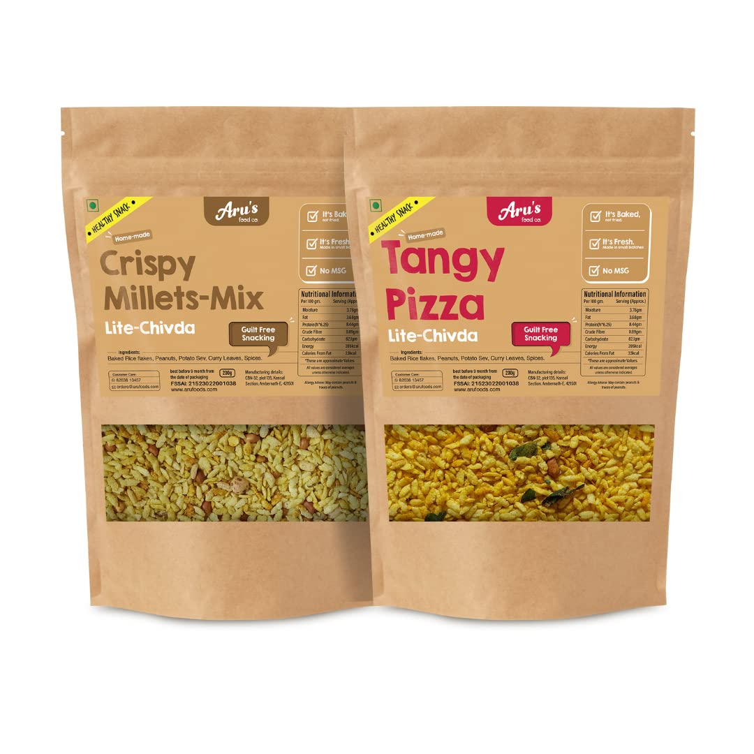 Aru's Premium Crispy Millets Mix + Tangy Pizza Combo | Diet Chivda (200g x 2, 400g) | Gluten ...