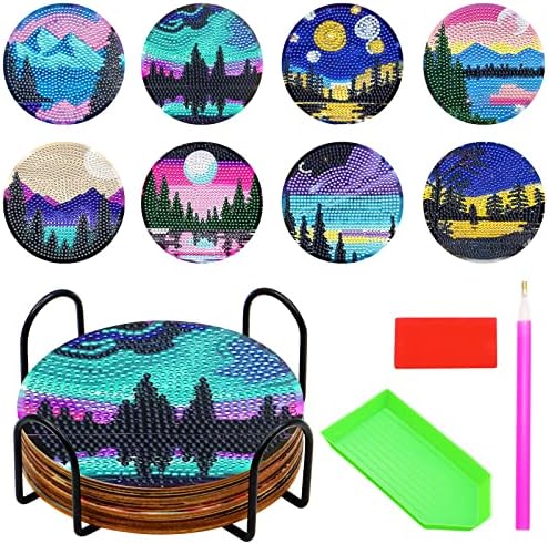 VEGCOO 8 Pcs Diamond Painting Coasters with Holder, DIY Cup Coasters ...