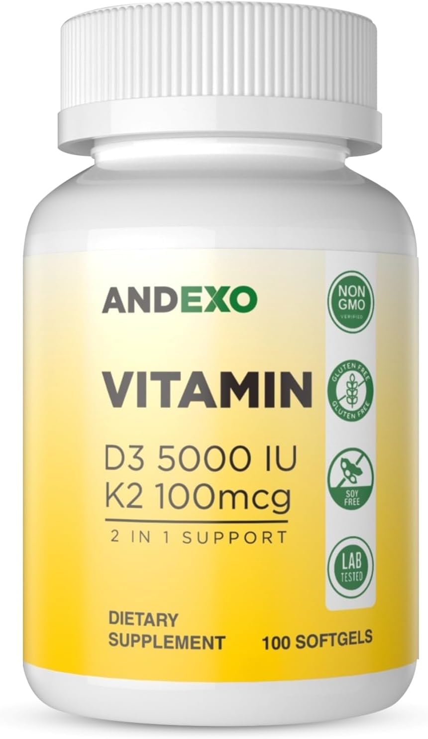 Amazon.com: ANDEXO Vitamin D3 5000 IU with K2 100 mcg, 100 Soft-Gels ...