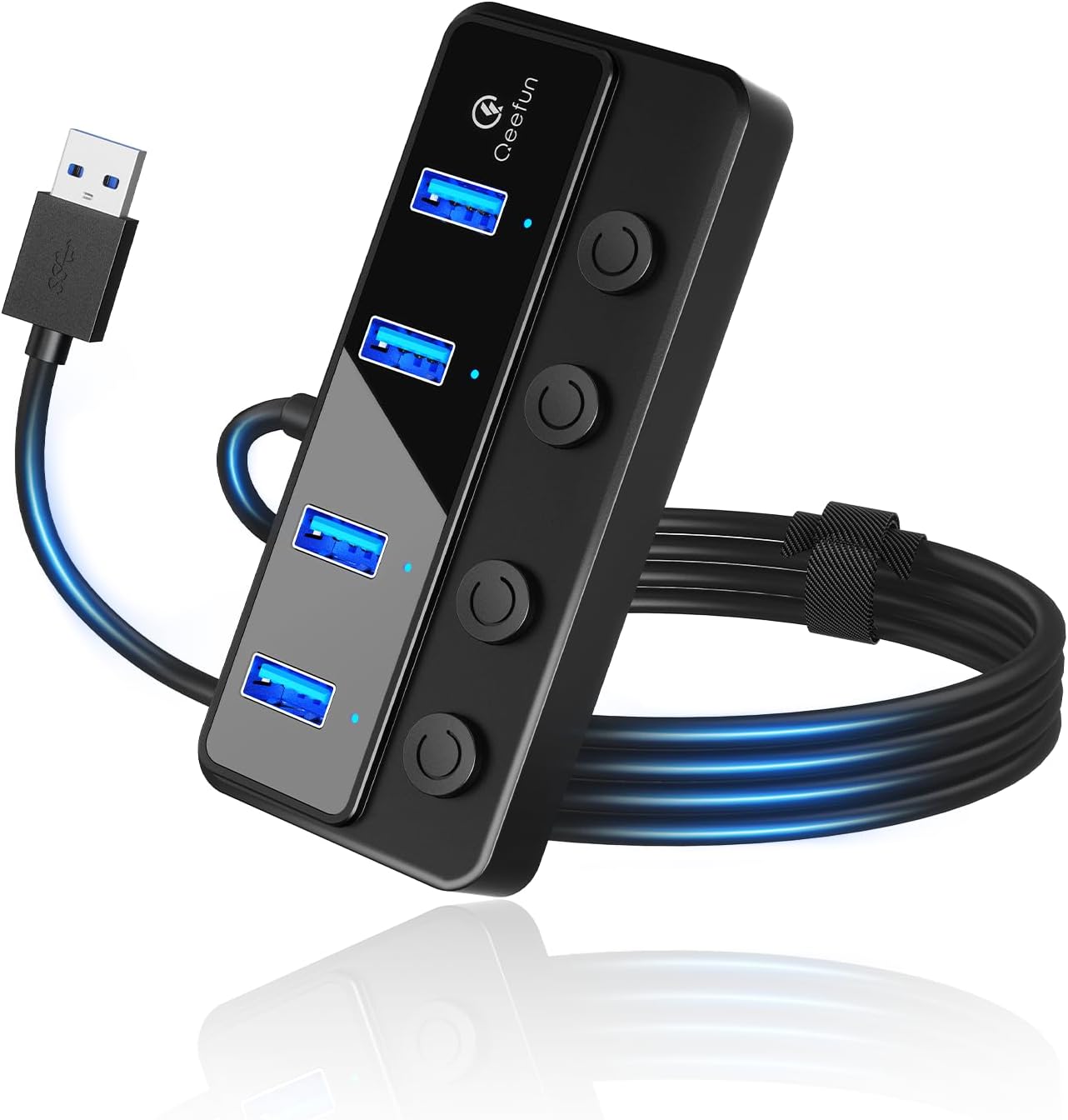 Qeefun 4-Port USB Hub 3.0, Individual LED Power Switches, 2ft USB ...
