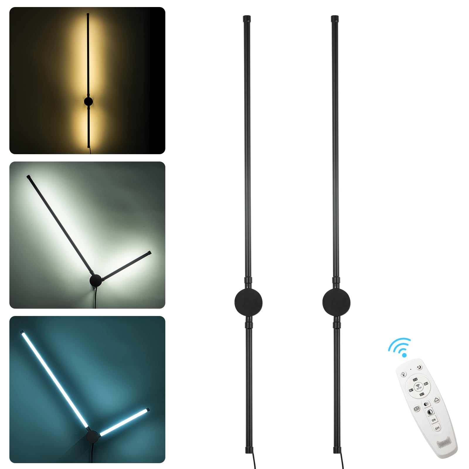 37.8” Plug in LED Wall Sconce, 2 Pack Black Remote Control Modern Wall ...