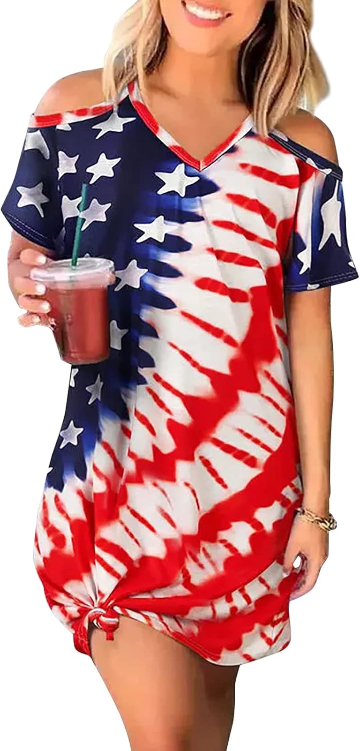 MOUSYA American Flag Cold Shoulder Dress Women 4th of July Dresses USA ...