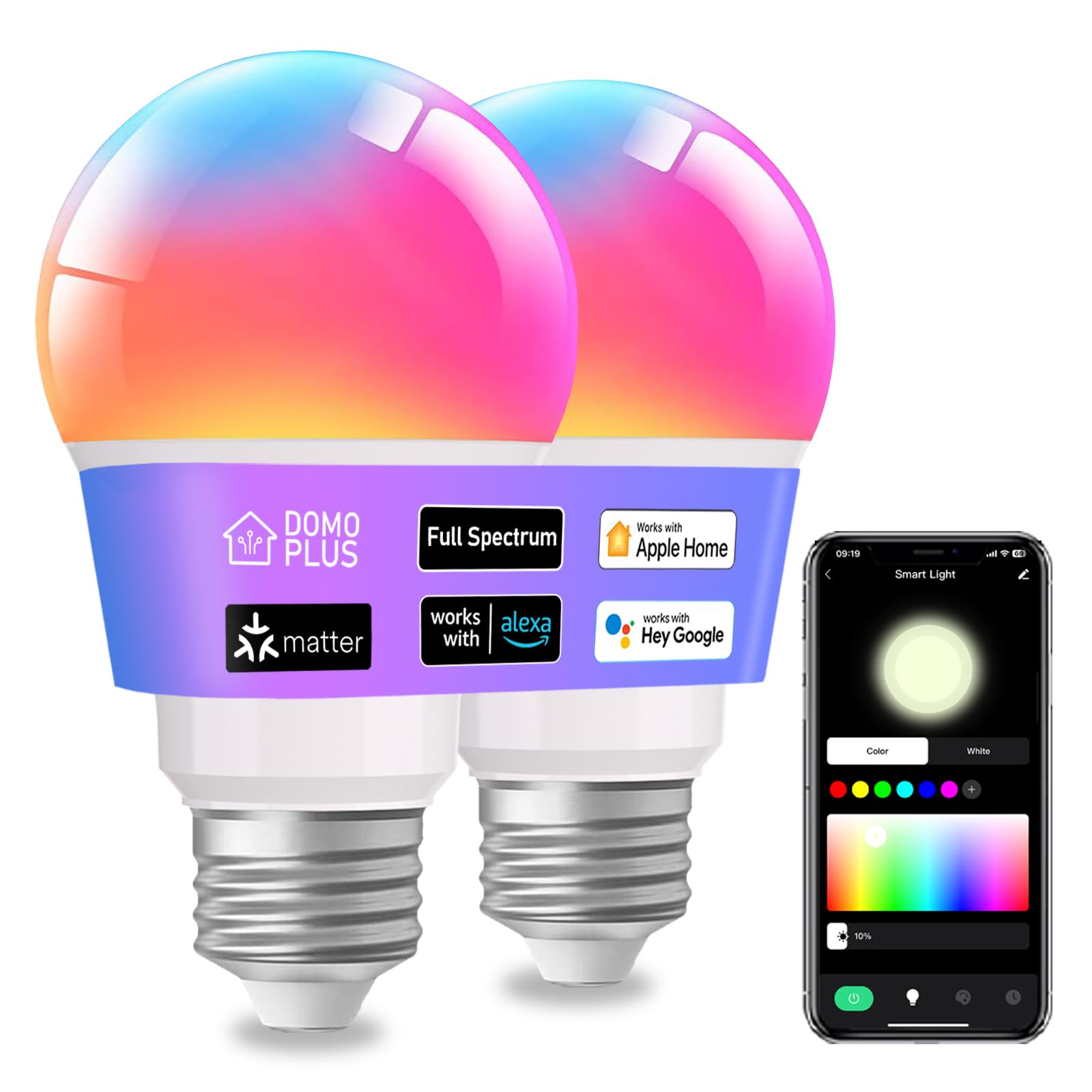 DomoPlus Matter Smart Light Bulbs, Full Spectrum Light Bulb Work with ...
