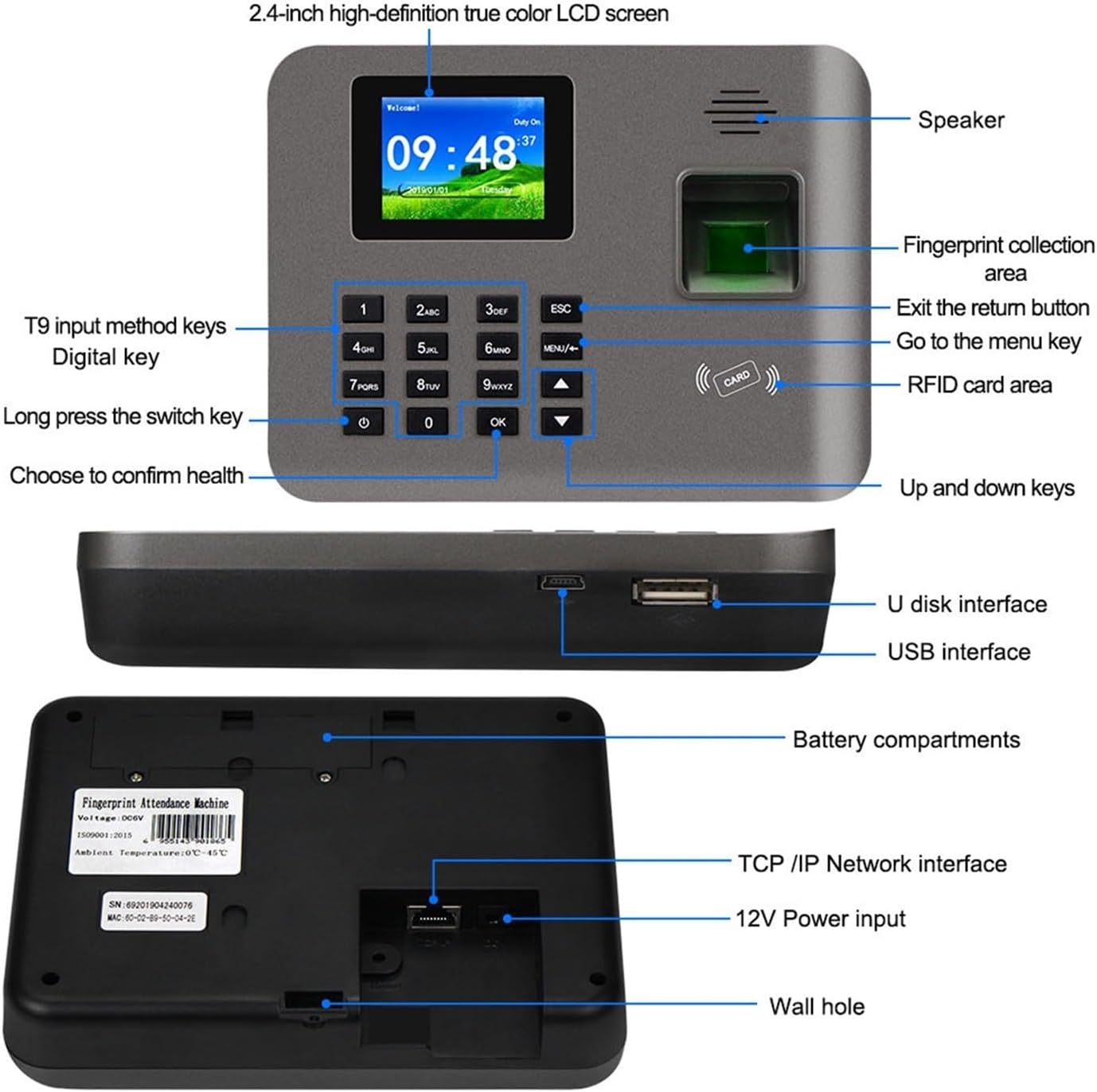 2.4inch Biometric Fingerprint Time Attendance Machine RFID Card TCP/IP ...