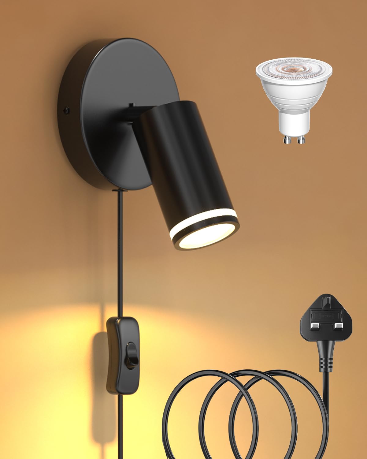 Lamptobe Plug in Wall Light with Switch, 350° Rotatable GU10 Wall Light ...