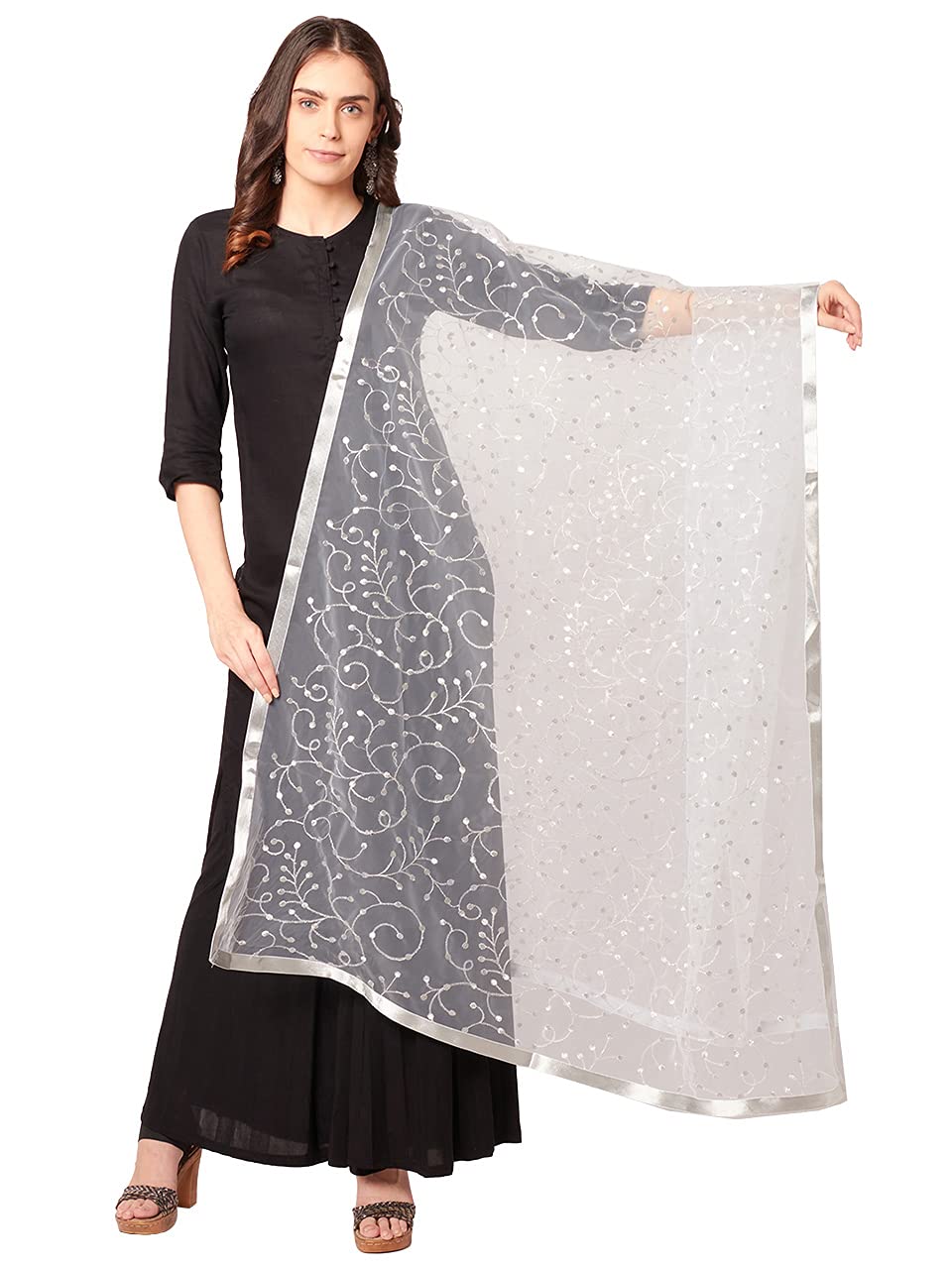 DUPATTA BAZAAR Women's Embroidered Silver Net Dupatta. : Amazon.in: Fashion
