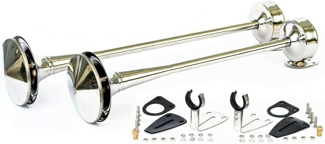 24V 2pcs Chrome Trumpet Air Horns 125 db Super Loud Compatible with HGV Truck Lorry Man Daf ...