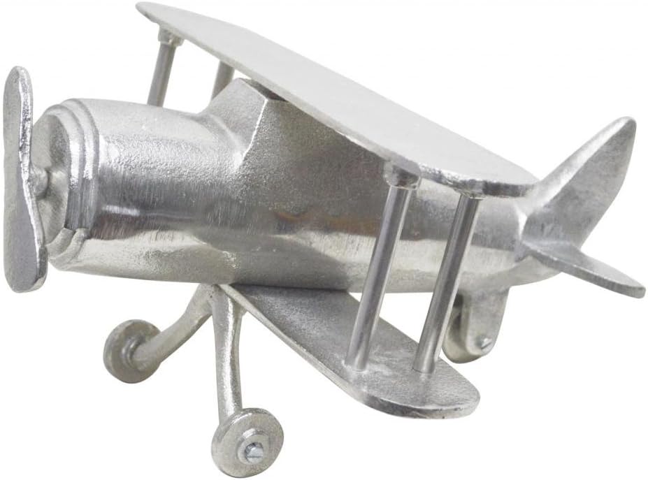 HOMESCAPES Large Designer Solid Metal Biplane Classic Silver Table Top ...