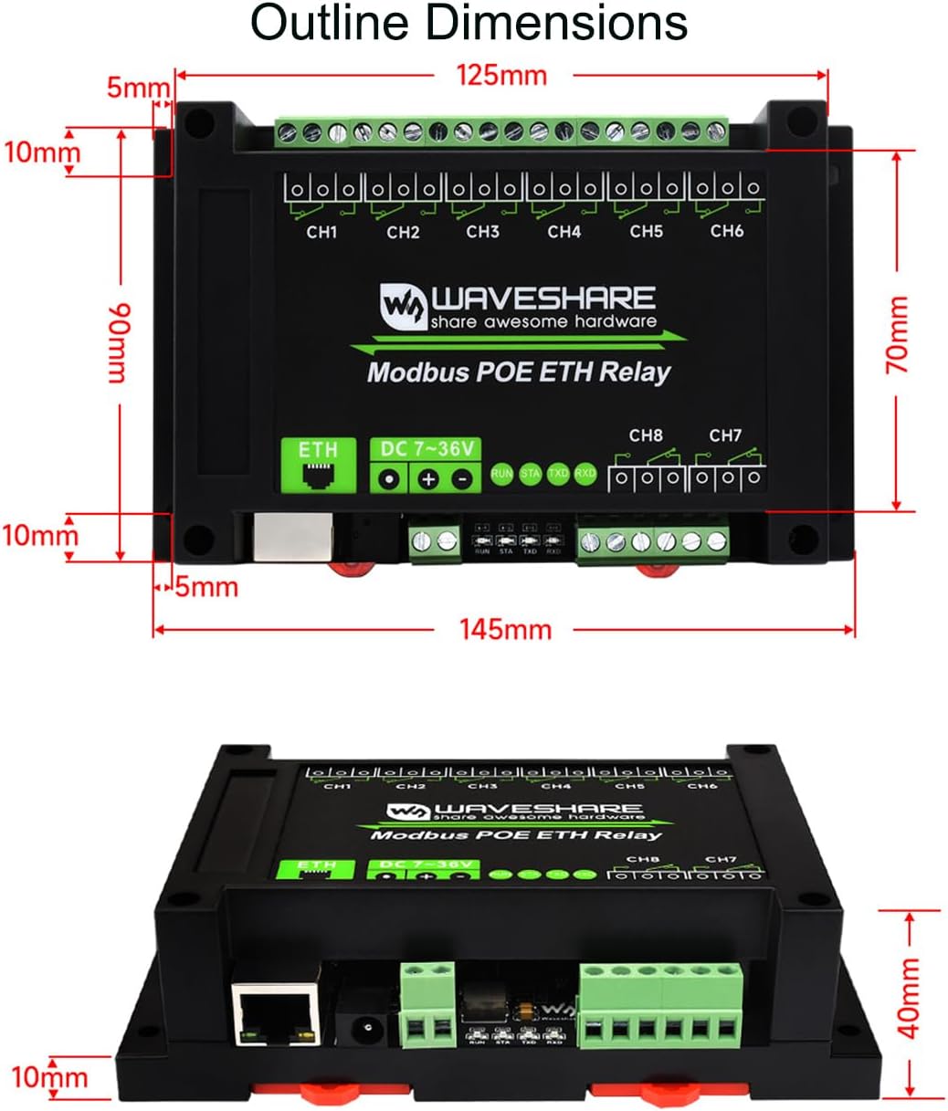 waveshare Módulo de relé Ethernet 8-CH, protocolo Modbus RTUModbus TCP, comunicación de puerto ...