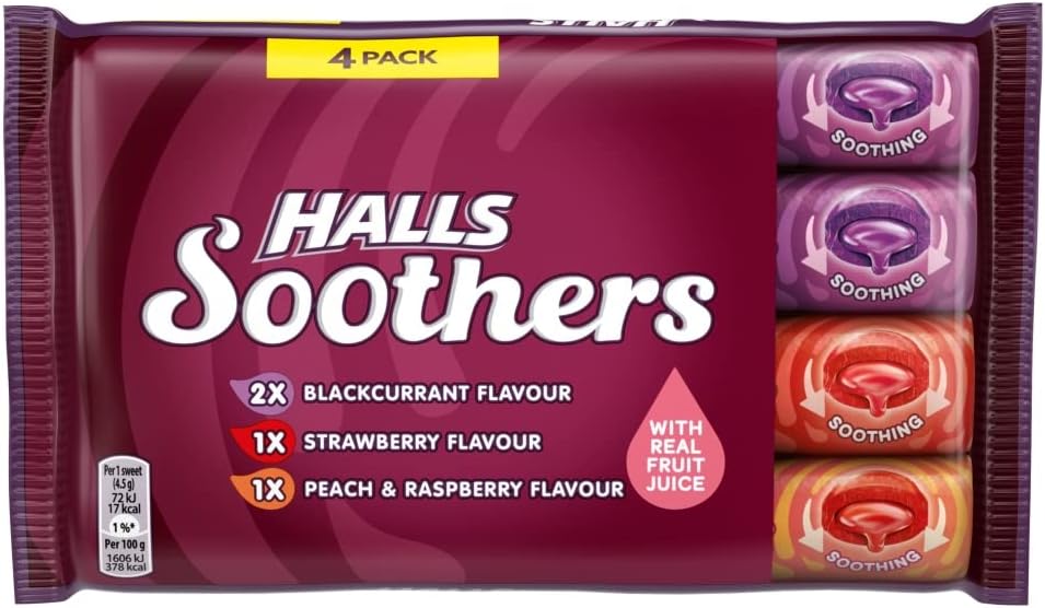 Halls Soothers Assorted 4 Pack, Includes 2 x Blackcurrant, 1 x Peach ...