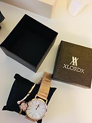 XLORDX Classic Damen-Armbanduhr Analog Quarz Rosegold Edelstahl Weiß mit Rosegold Armreif ...