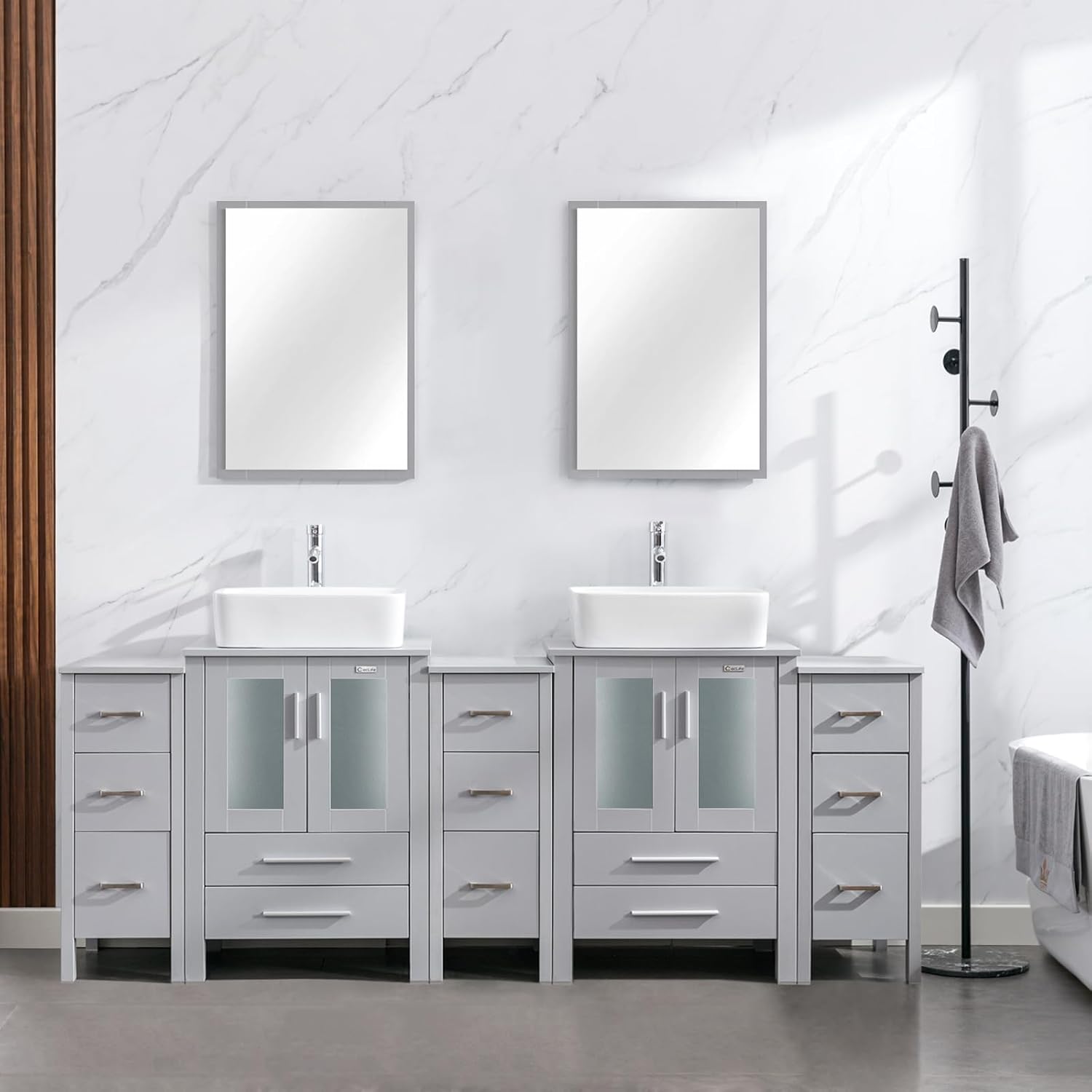 eclife 84" Bathroom Vanity Sink Combo Grey with Side Cabinets White ...