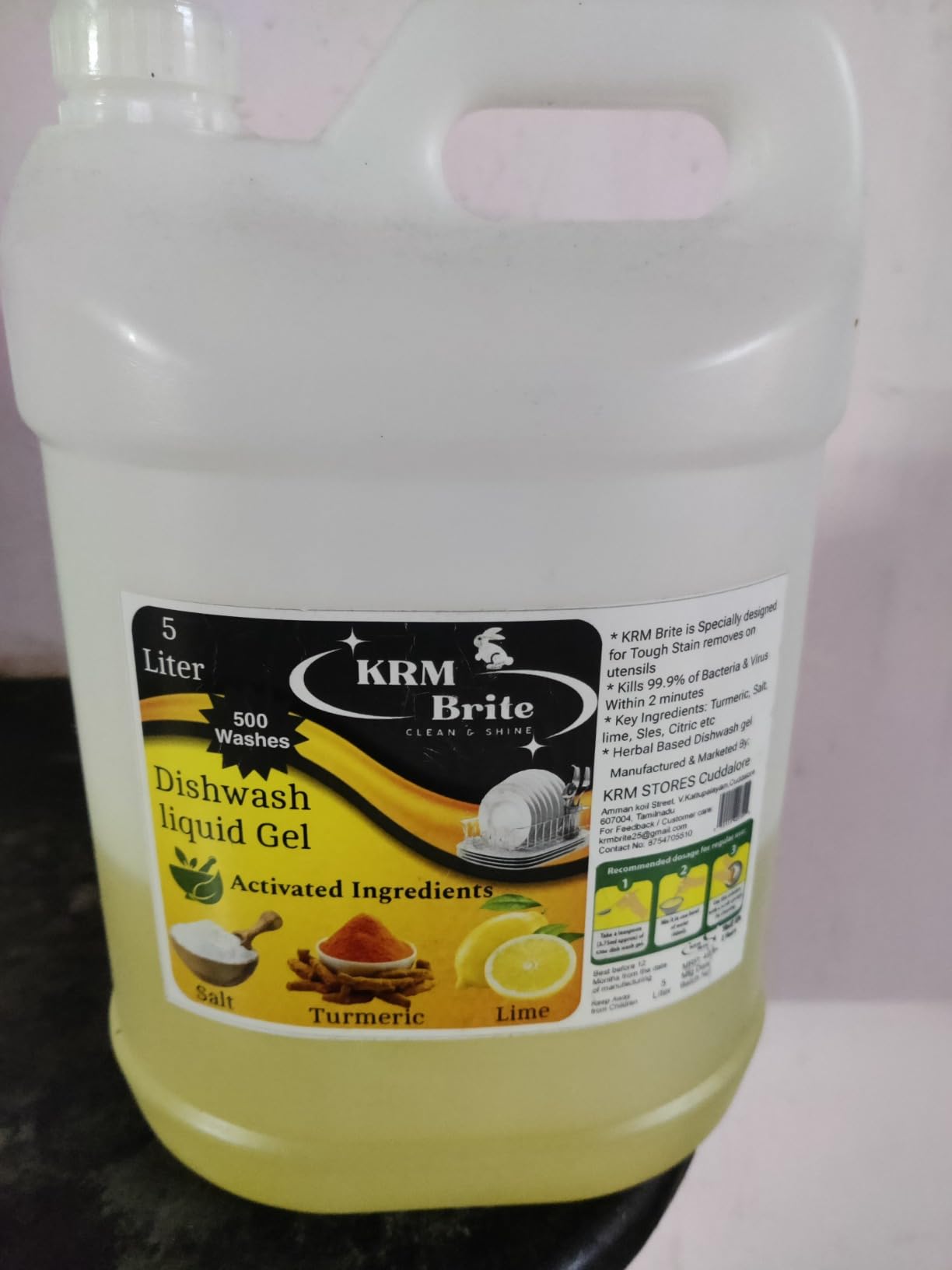 Krm Brite Dishwash Liquid Gel Herbal based Turmeric, Lemon & active ...
