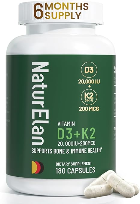 Amazon.com: Vitamin D3 K2 - 20,000 IU D3 + 200mcg K2(MK-7), 180 Capsules, Supports Bone, Immune ...