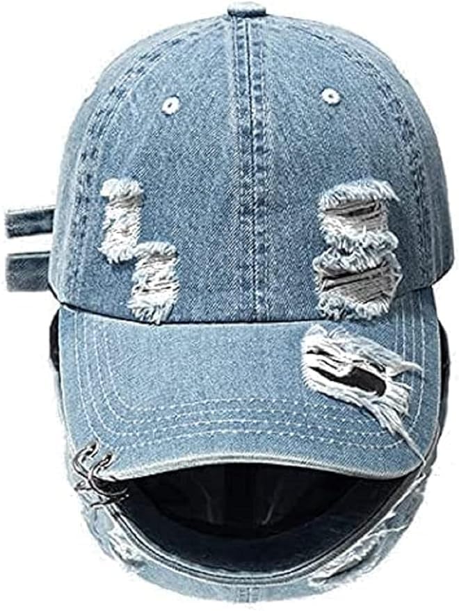 Vintage Distressed Jean Hat, Light Acid Washed Denim, Ripped Baseball ...