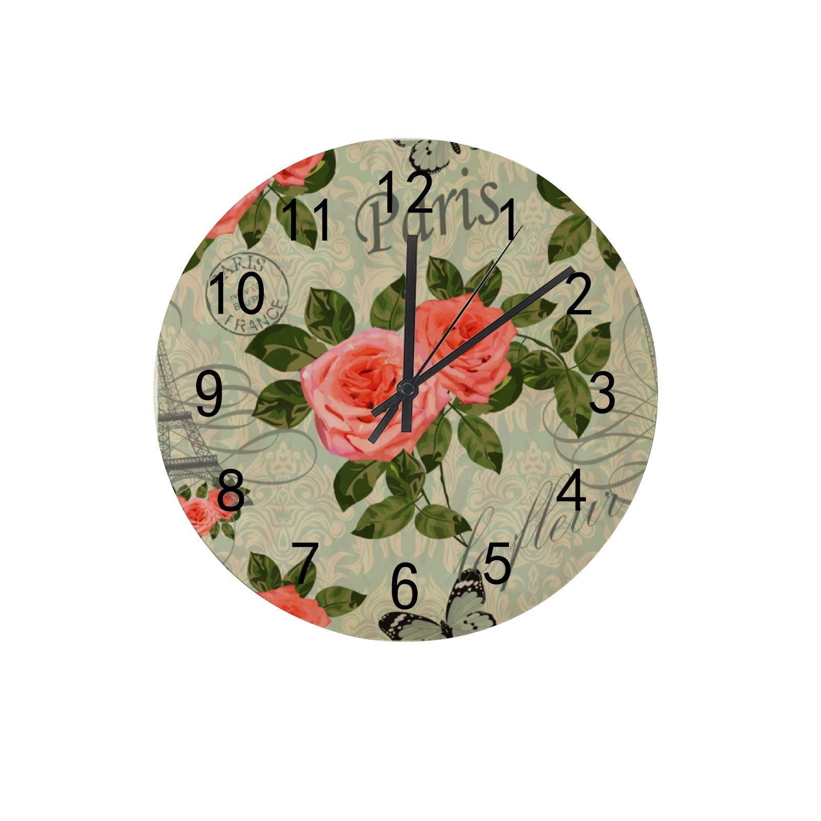 Amazon.com: Vintage Pink Roses Flowers Wooden Wall Clock Silent Sweep ...