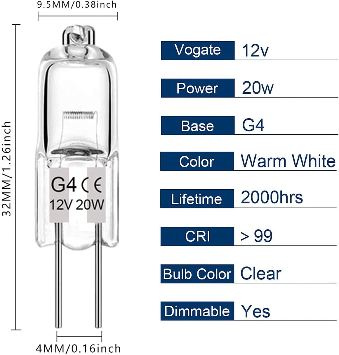 G4 Halogen Bulbs, 12V 20W Halogen Light Bulbs 2 Pin Clear Capsule Lamp ...