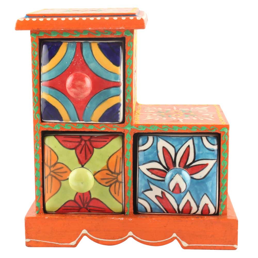 Indian-Shelf Handmade Vocalforlocal Wooden 3 Step Drawer Floral Pattern ...
