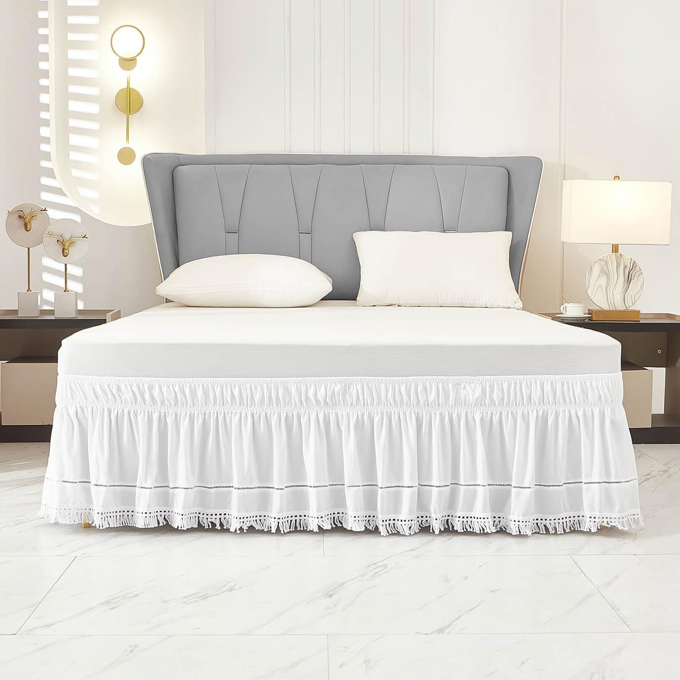 Amazon.com: Ruffled Embroidered Tassel Bed Skirt, Elastic Dust Ruffle ...